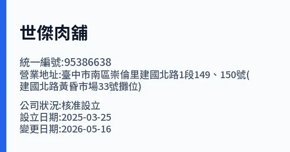 世傑肉舖的照片-統編 95386638(臺中市) 公司登記資料與營業項目詳細圖表