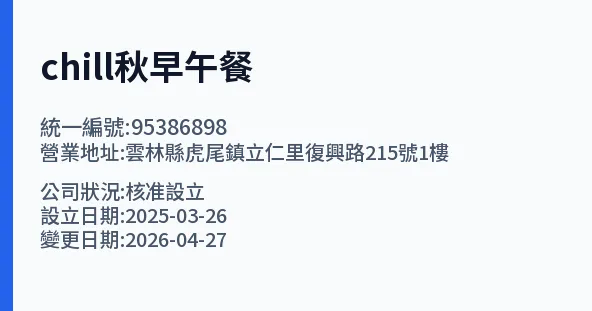 chill秋早午餐的照片-統編 95386898(雲林縣) 公司登記資料與營業項目詳細圖表