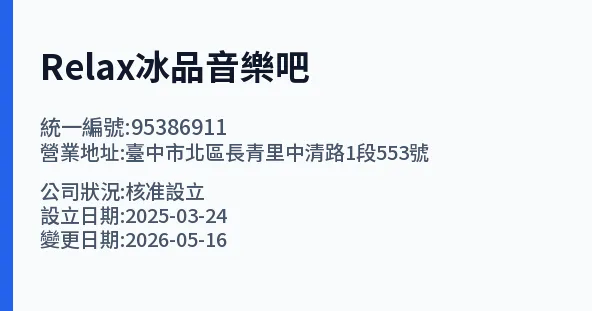 Relax冰品音樂吧的照片-統編 95386911(臺中市) 公司登記資料與營業項目詳細圖表