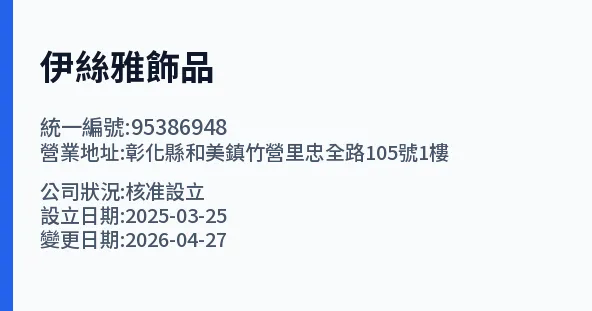 伊絲雅飾品的照片-統編 95386948(彰化縣) 公司登記資料與營業項目詳細圖表