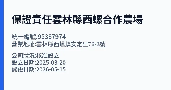 保證責任雲林縣西螺合作農場的照片-統編 95387974(雲林縣) 公司登記資料與營業項目詳細圖表