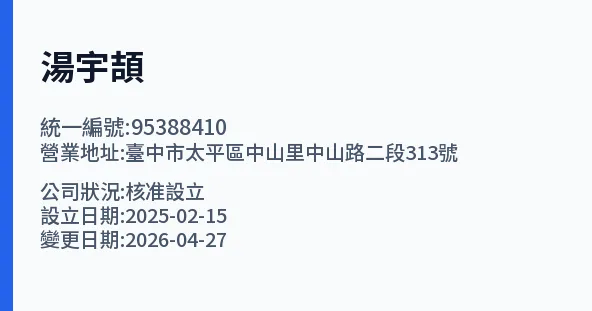 湯宇頡的照片-統編 95388410(臺中市) 公司登記資料與營業項目詳細圖表