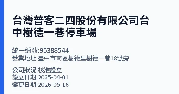 台灣普客二四股份有限公司台中樹德一巷停車場的照片-統編 95388544(臺中市) 公司登記資料與營業項目詳細圖表
