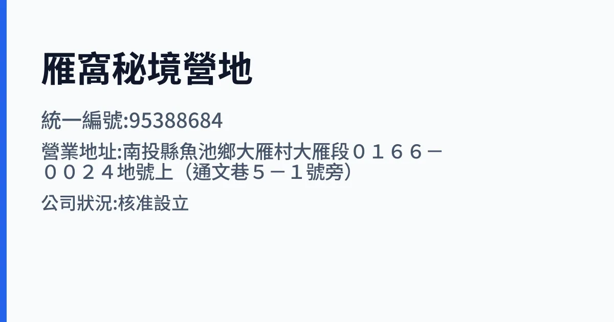 雁窩秘境營地 - 統編 95388684 (南投縣) 公司登記資料與營業項目詳細圖表