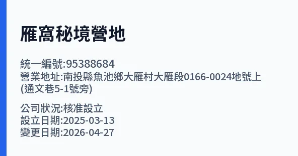 雁窩秘境營地的照片-統編 95388684(南投縣) 公司登記資料與營業項目詳細圖表