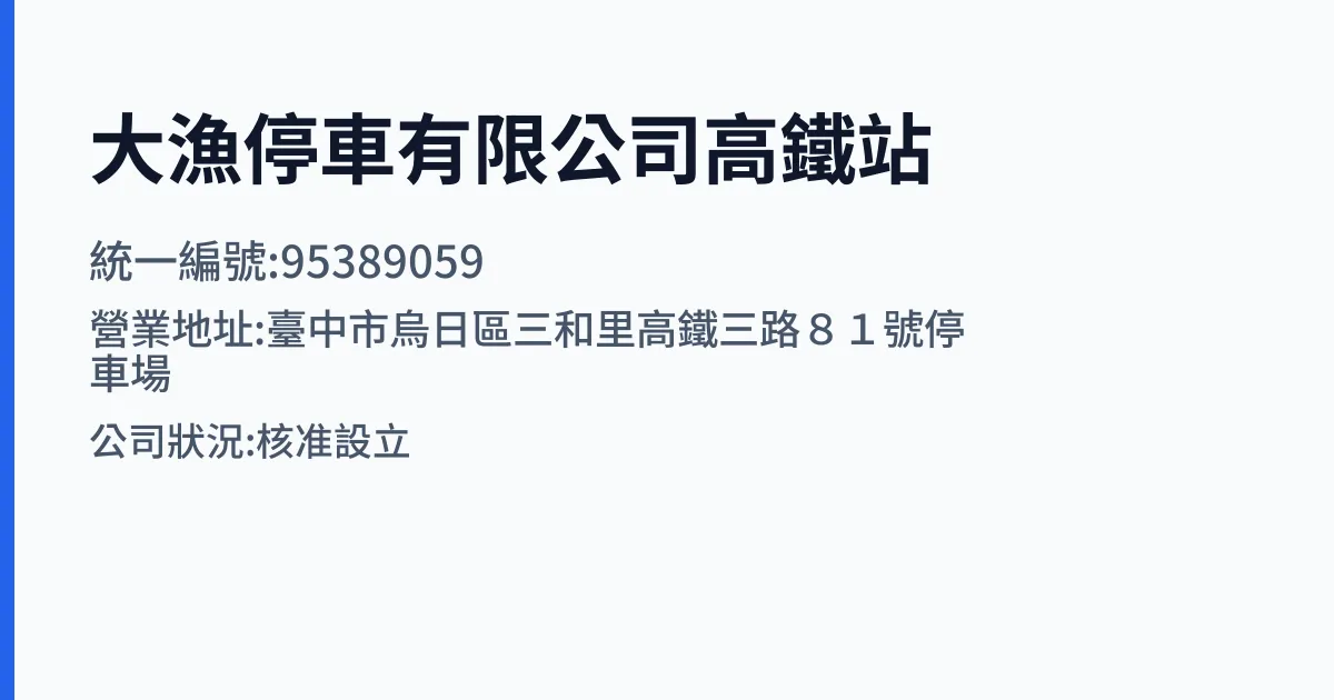 大漁停車有限公司高鐵站 - 統編 95389059（臺中市） 公司登記資料與營業項目詳細圖表