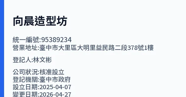 向晨造型坊的照片-統編 95389234(臺中市) 公司登記資料與營業項目詳細圖表