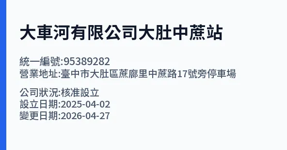 大車河有限公司大肚中蔗站的照片-統編 95389282(臺中市) 公司登記資料與營業項目詳細圖表