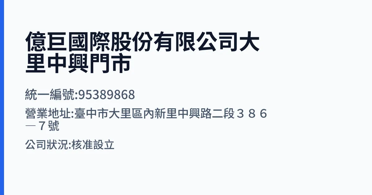 億巨國際股份有限公司大里中興門市 - 統編 95389868（臺中市） 公司登記資料與營業項目詳細圖表