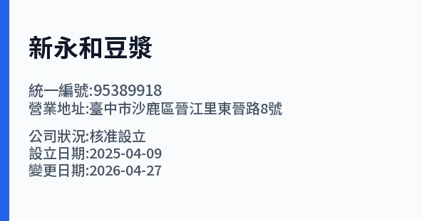 新永和豆漿的照片-統編 95389918(臺中市) 公司登記資料與營業項目詳細圖表