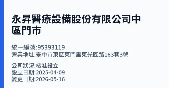 永昇醫療設備股份有限公司中區門市的照片-統編 95393119(臺中市) 公司登記資料與營業項目詳細圖表