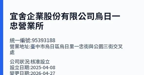 宜舍企業股份有限公司烏日一忠營業所的照片-統編 95393188(臺中市) 公司登記資料與營業項目詳細圖表