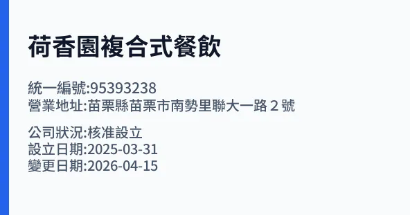 荷香園複合式餐飲的照片-統編 95393238(苗栗縣) 公司登記資料與營業項目詳細圖表
