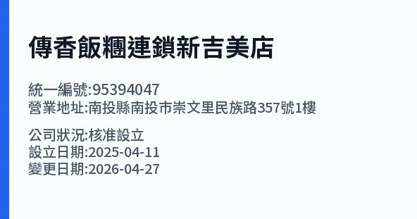 傳香飯糰連鎖新吉美店的照片-統編 95394047(南投縣) 公司登記資料與營業項目詳細圖表