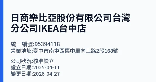 日商樂比亞股份有限公司台灣分公司IKEA台中店的照片-統編 95394118(臺中市) 公司登記資料與營業項目詳細圖表