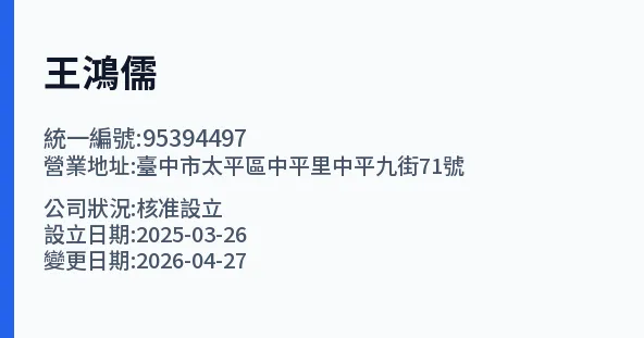 王鴻儒的照片-統編 95394497(臺中市) 公司登記資料與營業項目詳細圖表