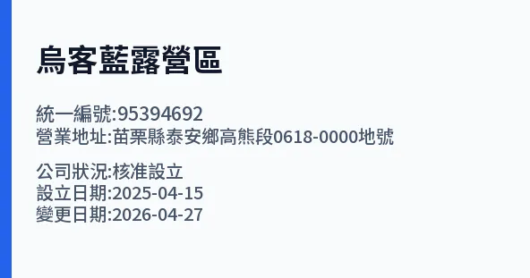 烏客藍露營區的照片-統編 95394692(苗栗縣) 公司登記資料與營業項目詳細圖表