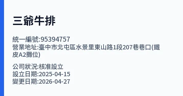 三爺牛排的照片-統編 95394757(臺中市) 公司登記資料與營業項目詳細圖表