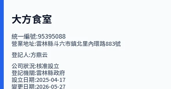 大方食室的照片-統編 95395088(雲林縣) 公司登記資料與營業項目詳細圖表