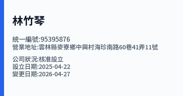 林竹琴的照片-統編 95395876(雲林縣) 公司登記資料與營業項目詳細圖表