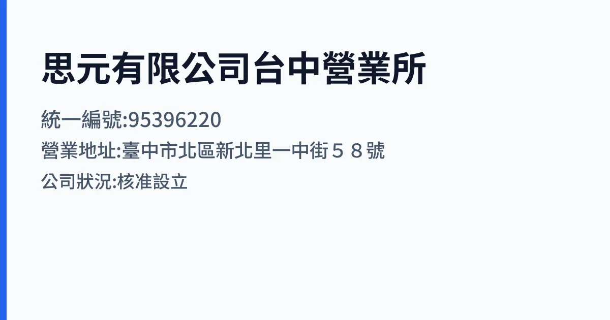 思元有限公司台中營業所 - 統編 95396220(臺中市) 公司登記資料與營業項目詳細圖表