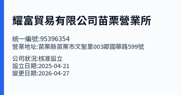 耀富貿易有限公司苗栗營業所的照片-統編 95396354(苗栗縣) 公司登記資料與營業項目詳細圖表