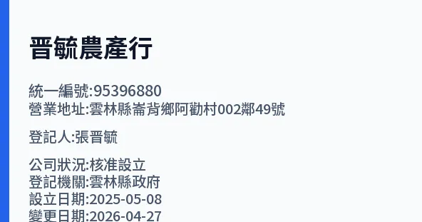 晋毓農產行的照片-統編 95396880(雲林縣) 公司登記資料與營業項目詳細圖表