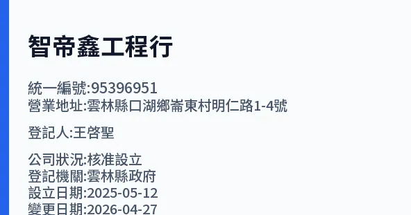 智帝鑫工程行的照片-統編 95396951(雲林縣) 公司登記資料與營業項目詳細圖表