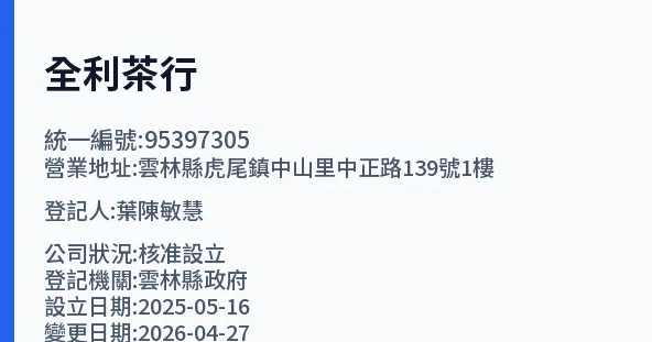 全利茶行的照片-統編 95397305(雲林縣) 公司登記資料與營業項目詳細圖表