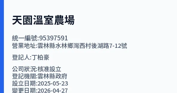 天園溫室農場的照片-統編 95397591(雲林縣) 公司登記資料與營業項目詳細圖表