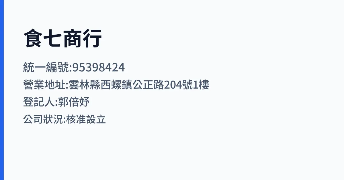 食七商行 - 統編 95398424(雲林縣) 公司登記資料與營業項目詳細圖表