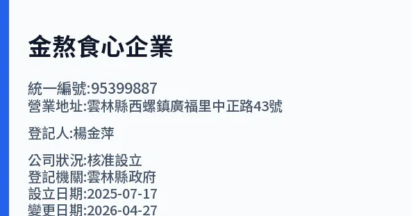 金熬食心企業的照片-統編 95399887(雲林縣) 公司登記資料與營業項目詳細圖表