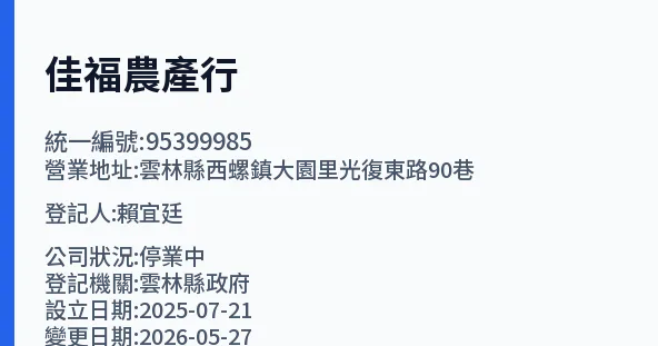 佳福農產行的照片-統編 95399985(雲林縣) 公司登記資料與營業項目詳細圖表