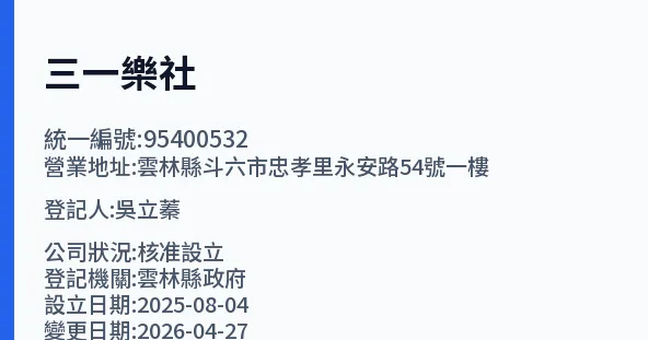 三一樂社的照片-統編 95400532(雲林縣) 公司登記資料與營業項目詳細圖表