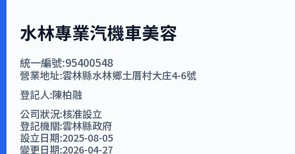 水林專業汽機車美容的照片-統編 95400548(雲林縣) 公司登記資料與營業項目詳細圖表