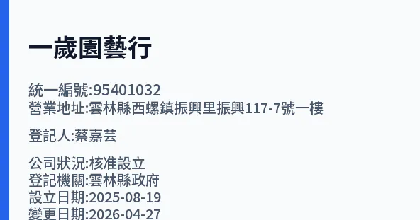 一歲園藝行的照片-統編 95401032(雲林縣) 公司登記資料與營業項目詳細圖表