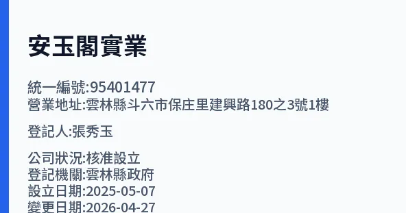 安玉閣實業的照片-統編 95401477(雲林縣) 公司登記資料與營業項目詳細圖表