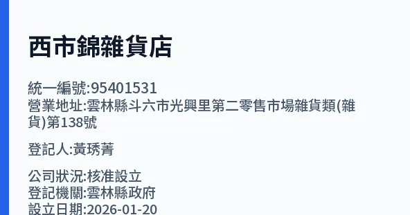 西市錦雜貨店的照片-統編 95401531(雲林縣) 公司登記資料與營業項目詳細圖表