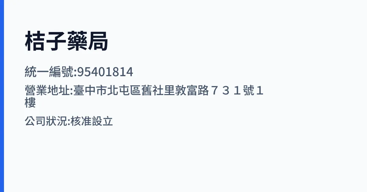 桔子藥局 - 統編 95401814(臺中市) 公司登記資料與營業項目詳細圖表