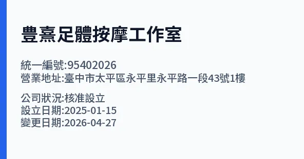 豊熹足體按摩工作室的照片-統編 95402026(臺中市) 公司登記資料與營業項目詳細圖表
