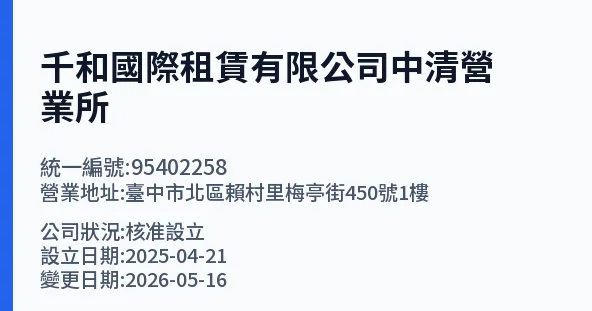 千和國際租賃有限公司中清營業所的照片-統編 95402258(臺中市) 公司登記資料與營業項目詳細圖表