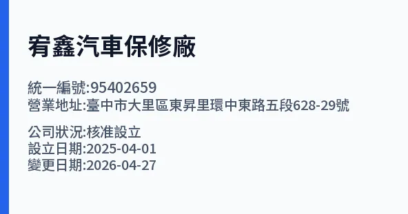 宥鑫汽車保修廠的照片-統編 95402659(臺中市) 公司登記資料與營業項目詳細圖表