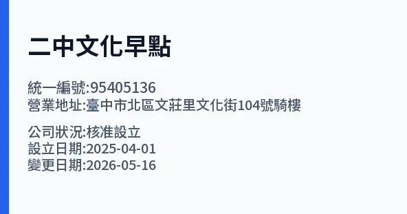 二中文化早點的照片-統編 95405136(臺中市) 公司登記資料與營業項目詳細圖表
