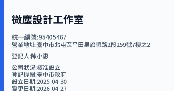 微塵設計工作室的照片-統編 95405467(臺中市) 公司登記資料與營業項目詳細圖表