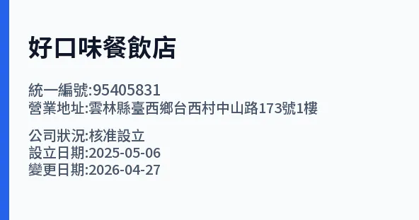 好口味餐飲店的照片-統編 95405831(雲林縣) 公司登記資料與營業項目詳細圖表