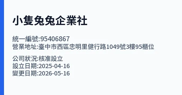 小隻兔兔企業社的照片-統編 95406867(臺中市) 公司登記資料與營業項目詳細圖表