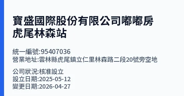 寶盛國際股份有限公司嘟嘟房虎尾林森站的照片-統編 95407036(雲林縣) 公司登記資料與營業項目詳細圖表