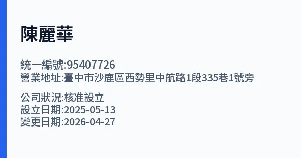 陳麗華的照片-統編 95407726(臺中市) 公司登記資料與營業項目詳細圖表