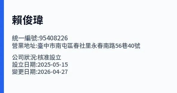 賴俊瑋的照片-統編 95408226(臺中市) 公司登記資料與營業項目詳細圖表