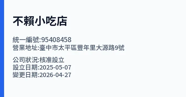 不賴小吃店的照片-統編 95408458(臺中市) 公司登記資料與營業項目詳細圖表